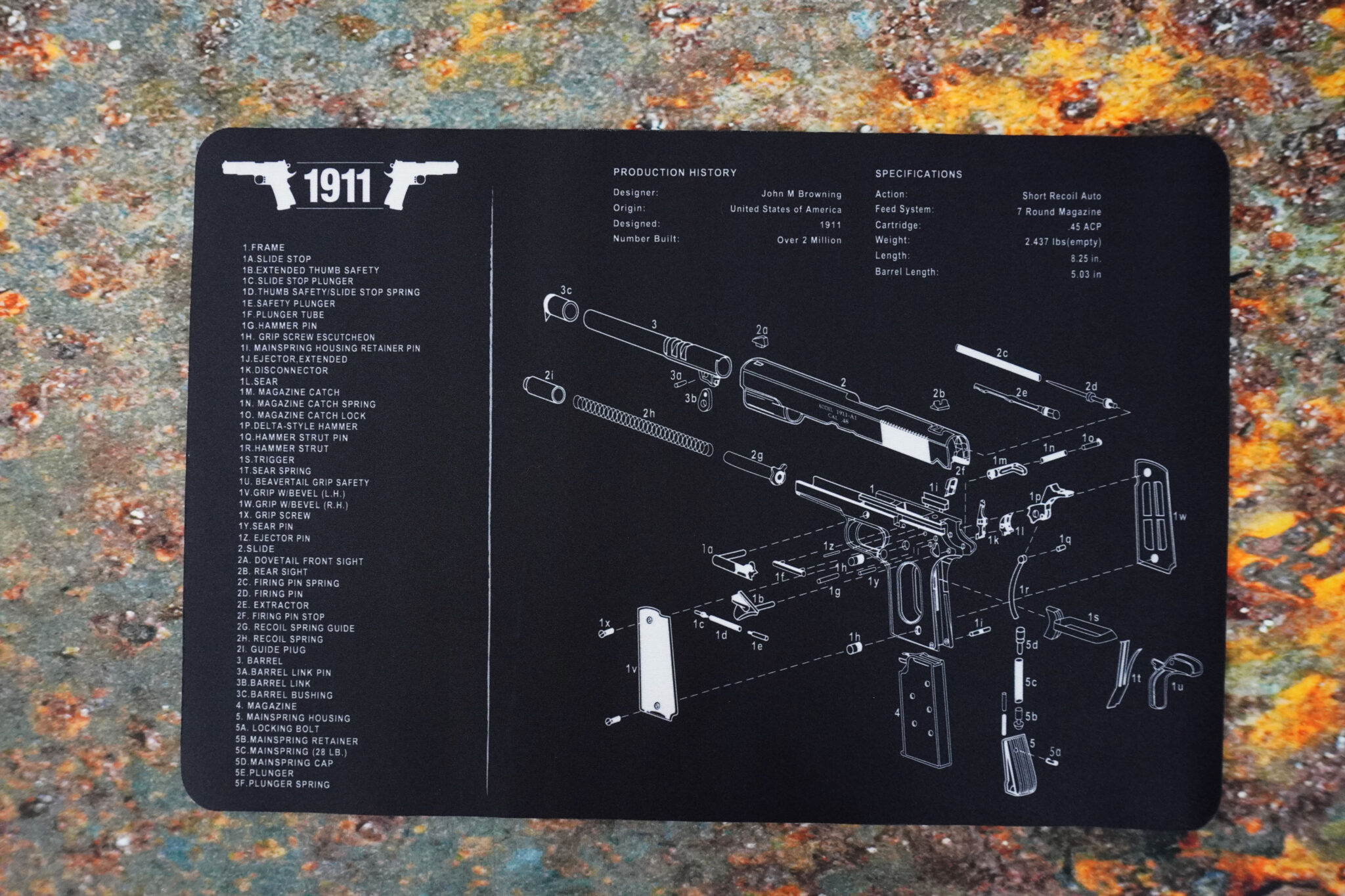 1911 - Gun Cleaning Mat Breakdown Schematics Parts Diagram - Acid ...