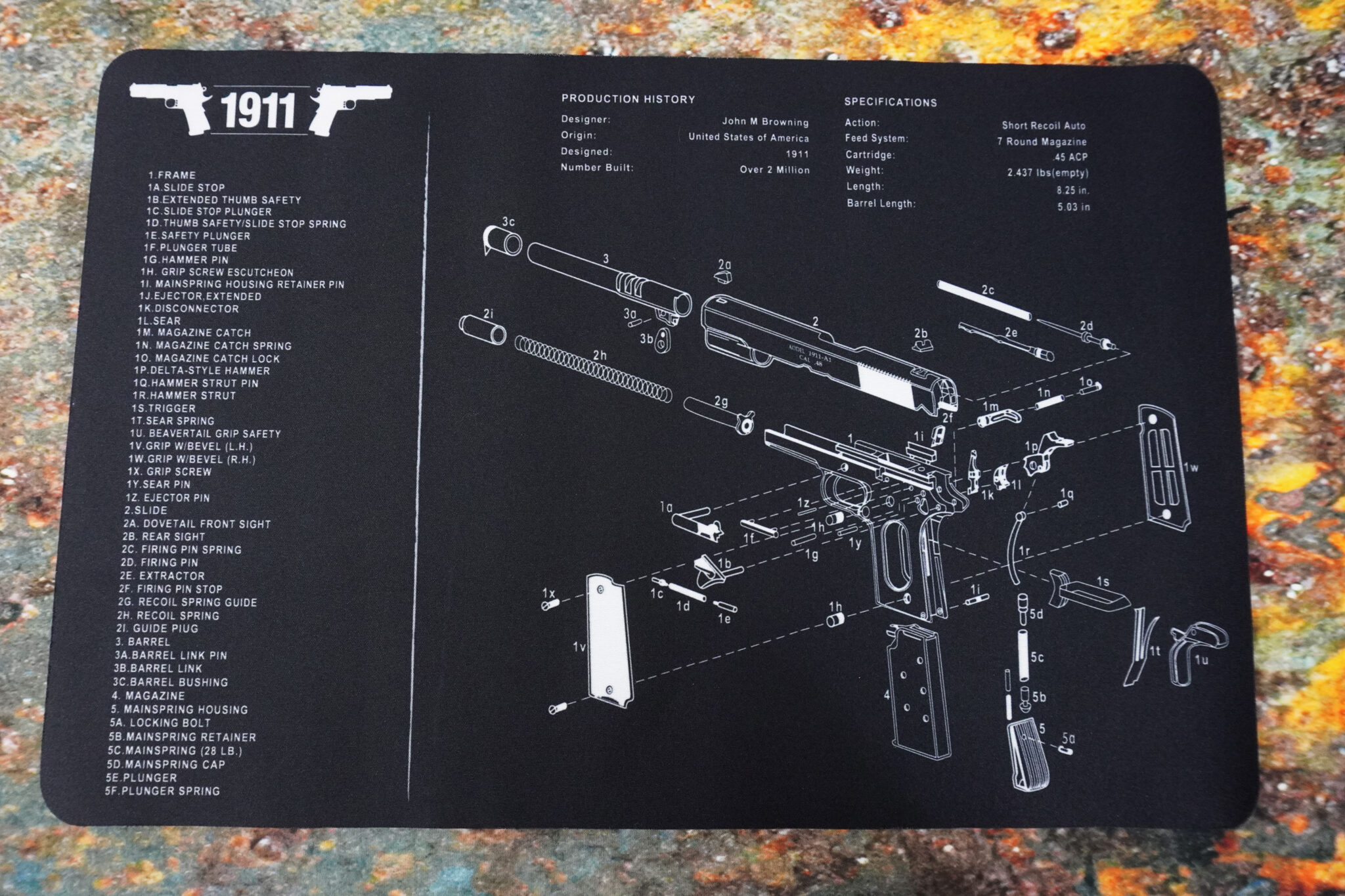 1911 - Gun Cleaning Mat Breakdown Schematics Parts Diagram - Acid ...